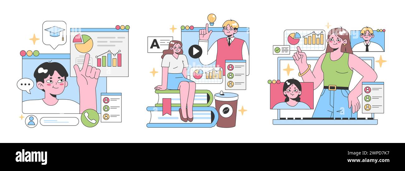 Digital Learning set. Characters engaging in online education, virtual ...