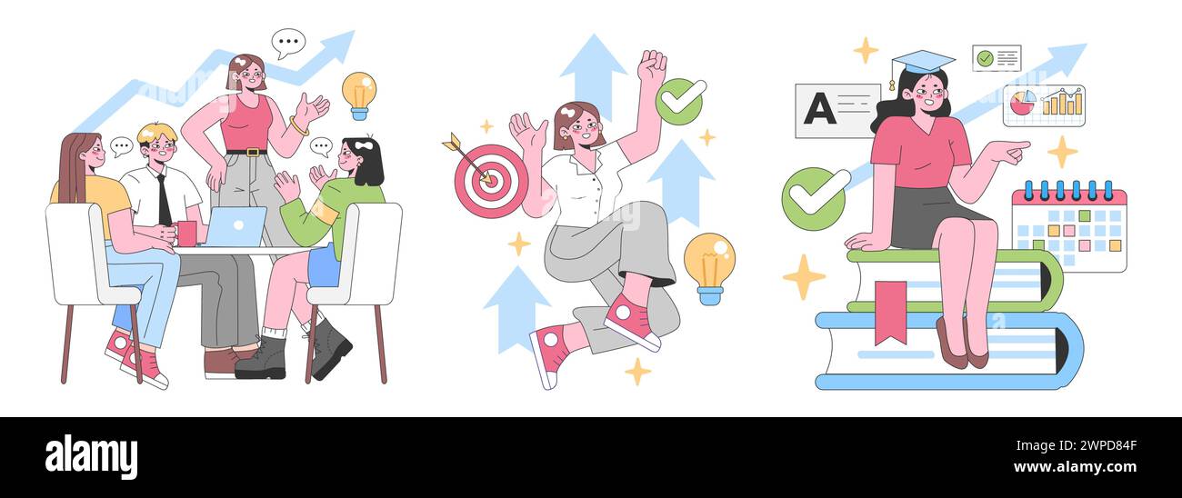 Professional Growth set. Team collaborating at a meeting. Setting goals ...