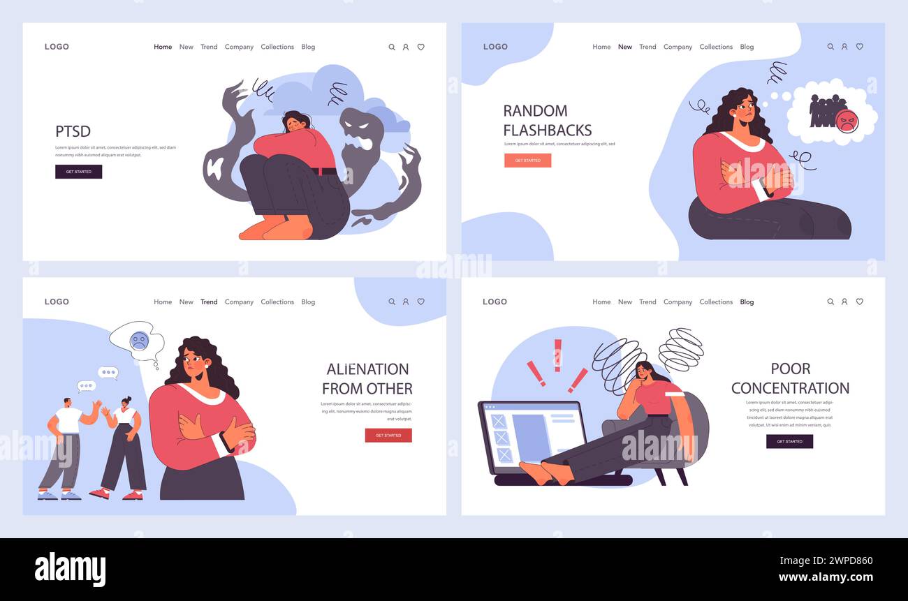 Post traumatic stress disorder web banner or landing page set. Woman ...