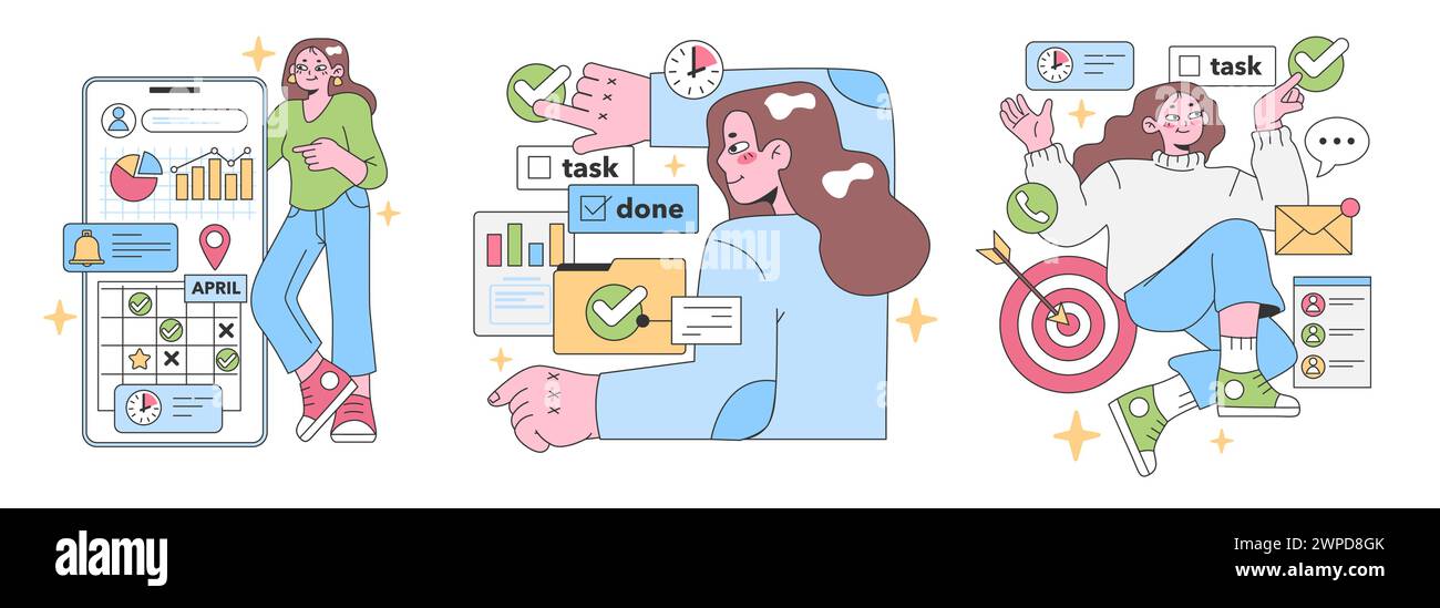 Productivity set. A woman interacts with data-driven elements, charts, and task management ...