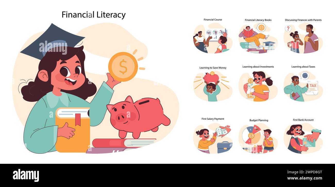 Child Financial Literacy set. Young students engaged in money ...