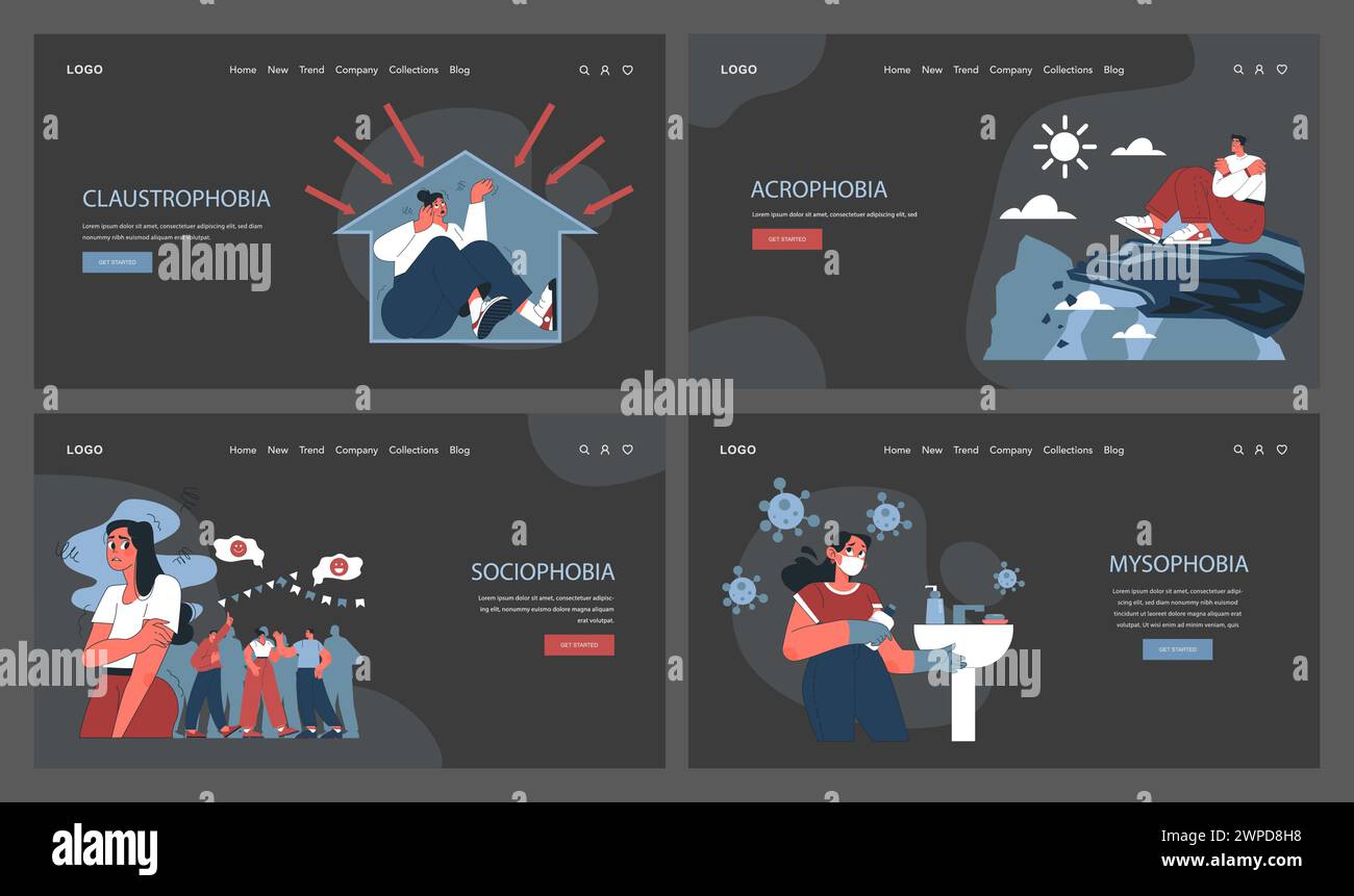 Phobia web banner or landing page dark or night mode set. Human's ...