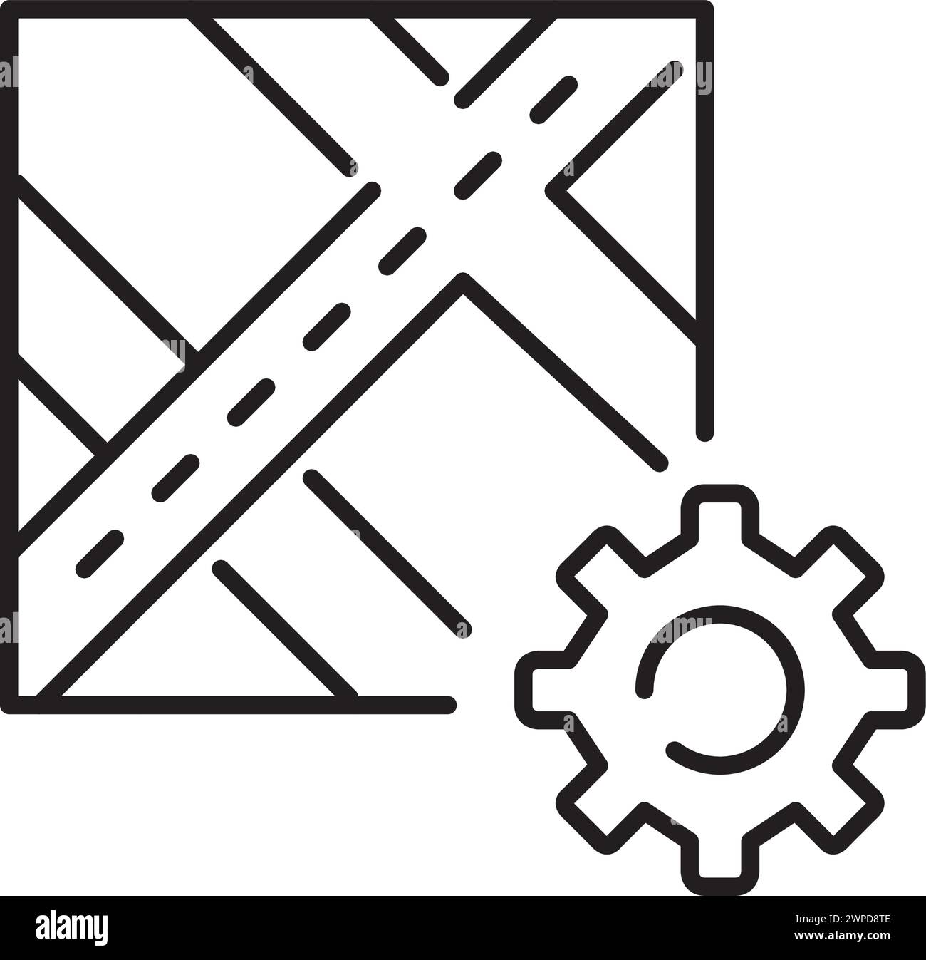 Location services configuration. Digital map and cogwheel. Settings tool. Pixel perfect ...