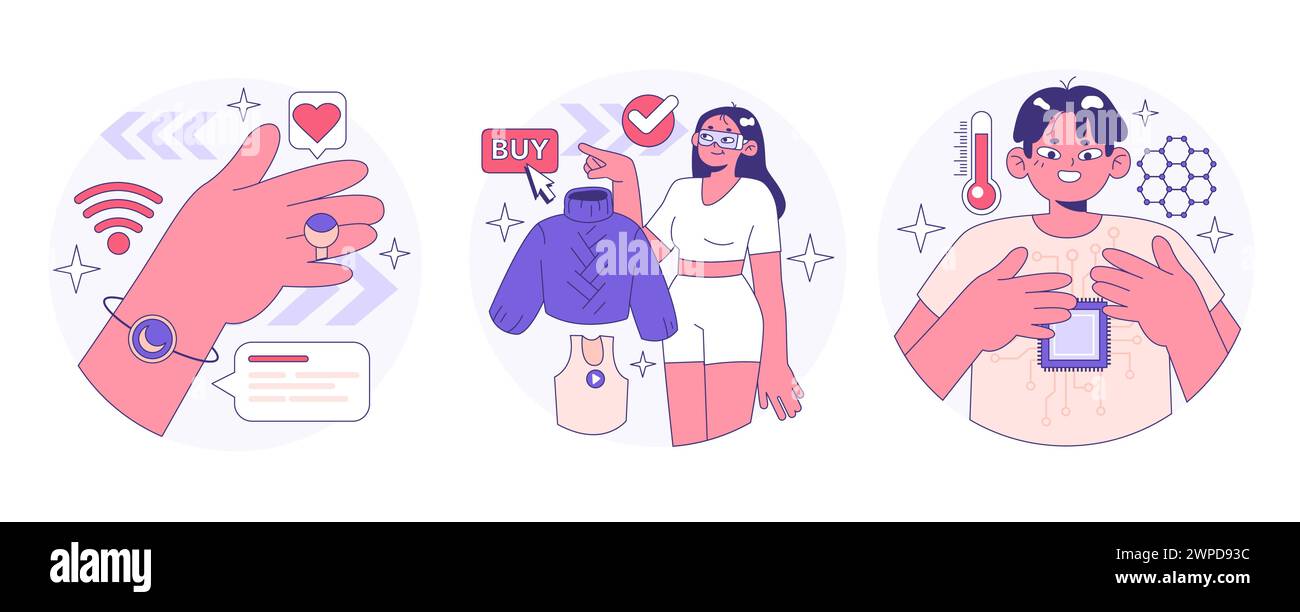 Wearable technology set. Smart device. Character using electronic ...