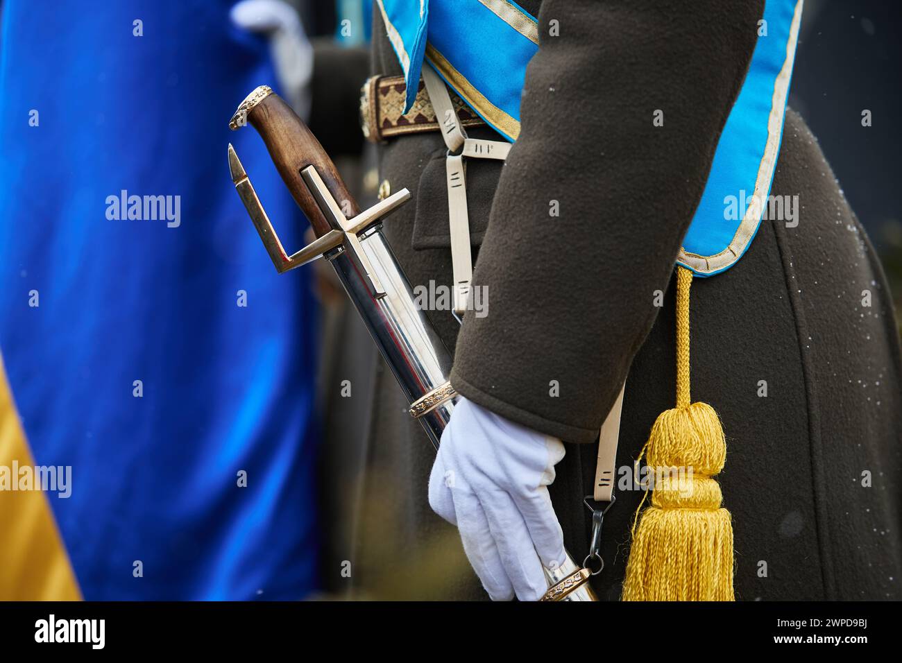 A Ukrainian soldier in full uniform is armed with a decorative saber on ...