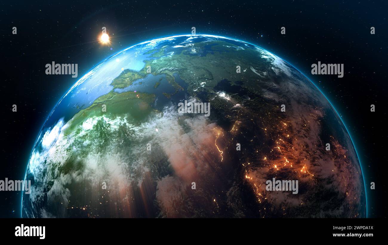 Planet earth high quality detailed geography volumetric clouds sun ...