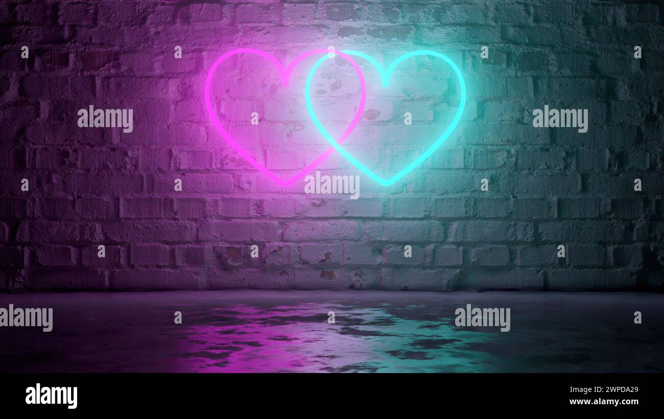 Pink and Blue Valentine Neon Hearts on a White Painted Brick Wall ...
