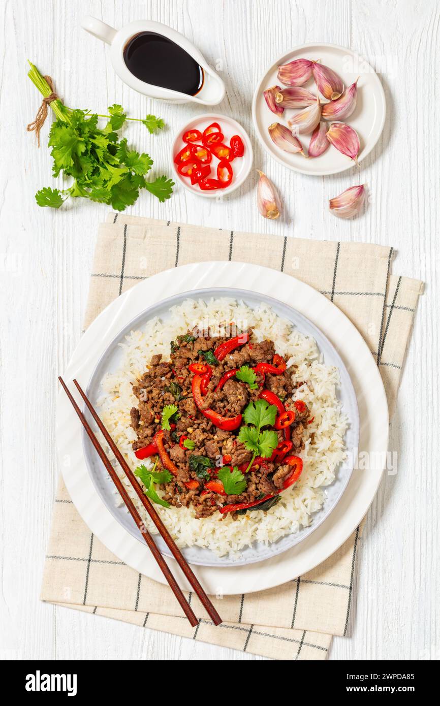 Thai holy basil stir fry with beef, pad kra pao, served over jasmine ...