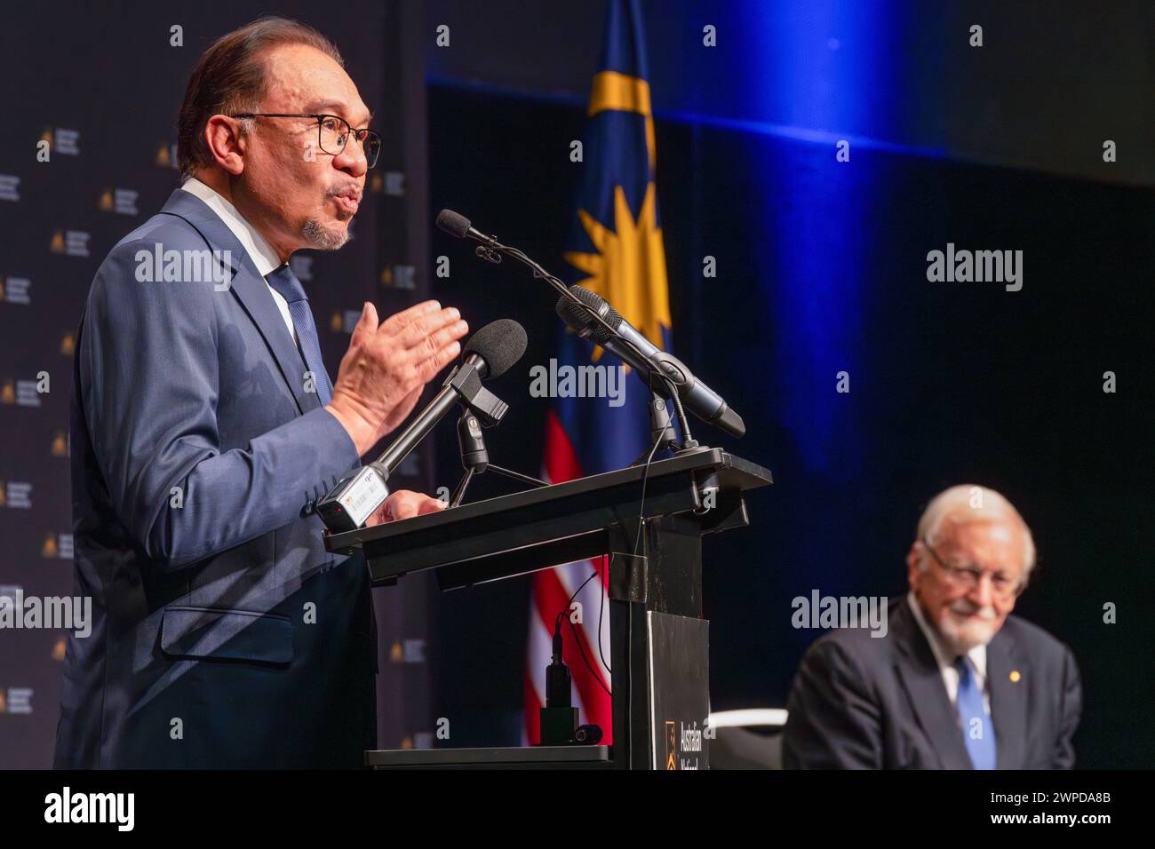 Malaysian Prime Minister Anwar Ibrahim, left, delivers the 2024 Gareth ...