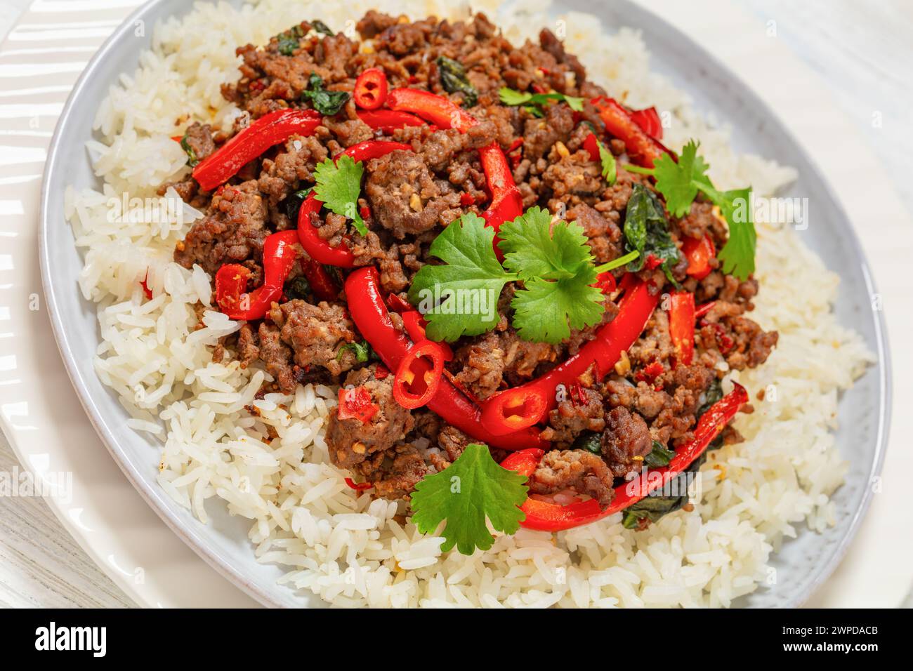 Thai holy basil stir fry with beef, pad kra pao, served over jasmine ...