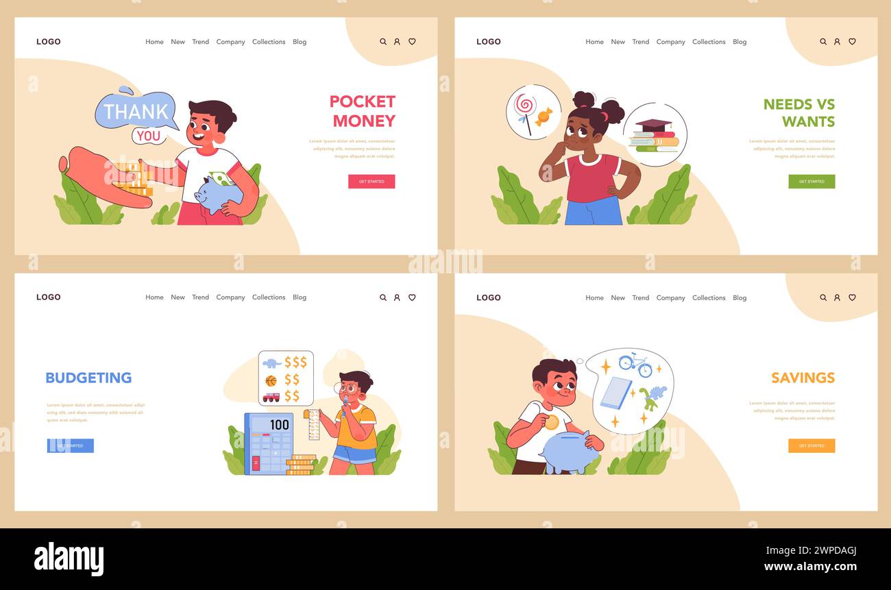 Pocket money web or landing set. Kids learning financial skills, from ...