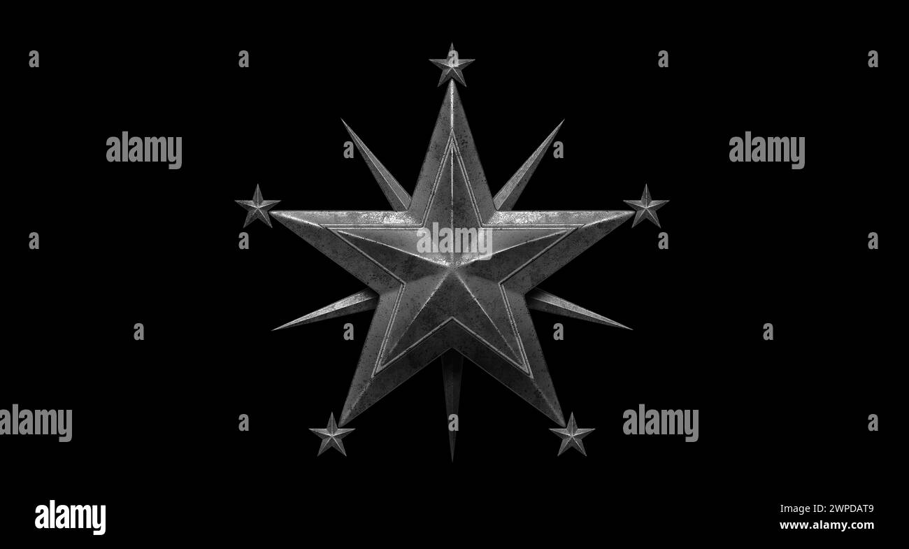 silver iron metal star 3d illustration on black background military ...