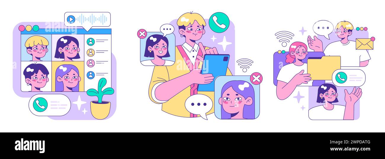 Digital Communication set. Youth engaging in video calls, online chats ...