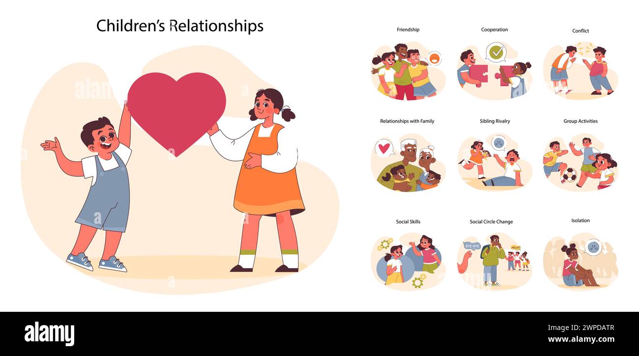 Children's Relationships set. Showcasing friendship, family bonds ...