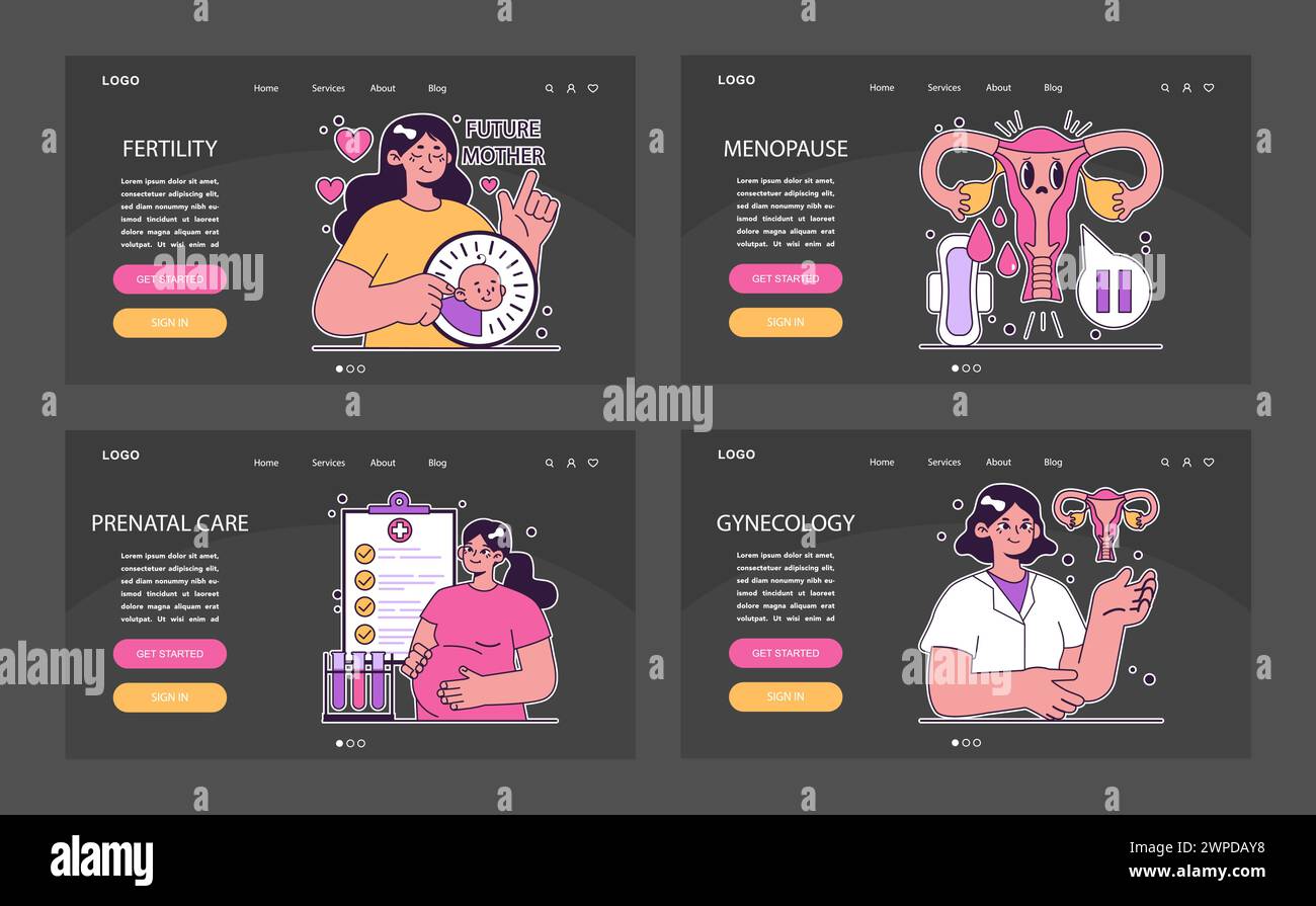 Reproductive health dark or night mode web or landing set. Pregnancy ...