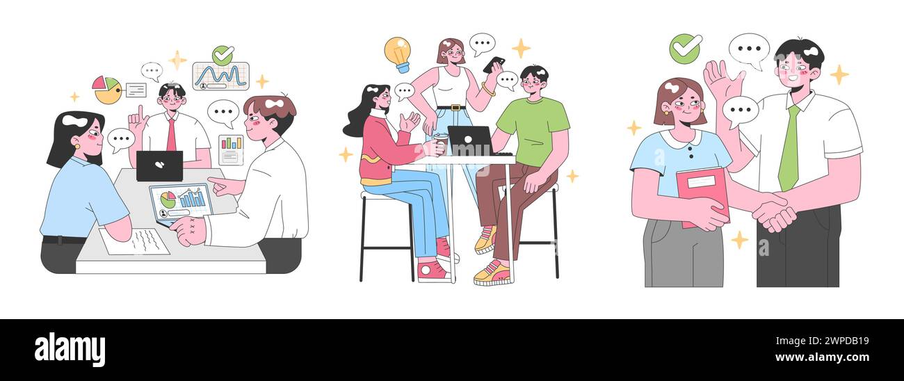 Workplace Dynamics set. Collaborative teamwork at modern office desk ...