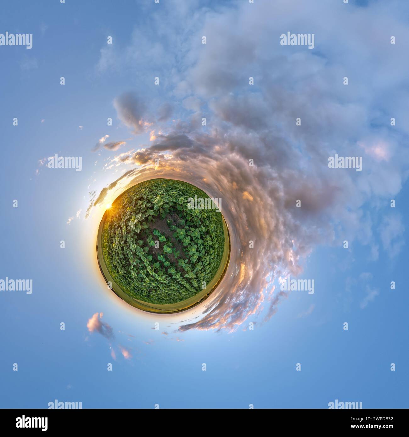 simple tiny planet without buildings in blue sky with beautiful clouds ...