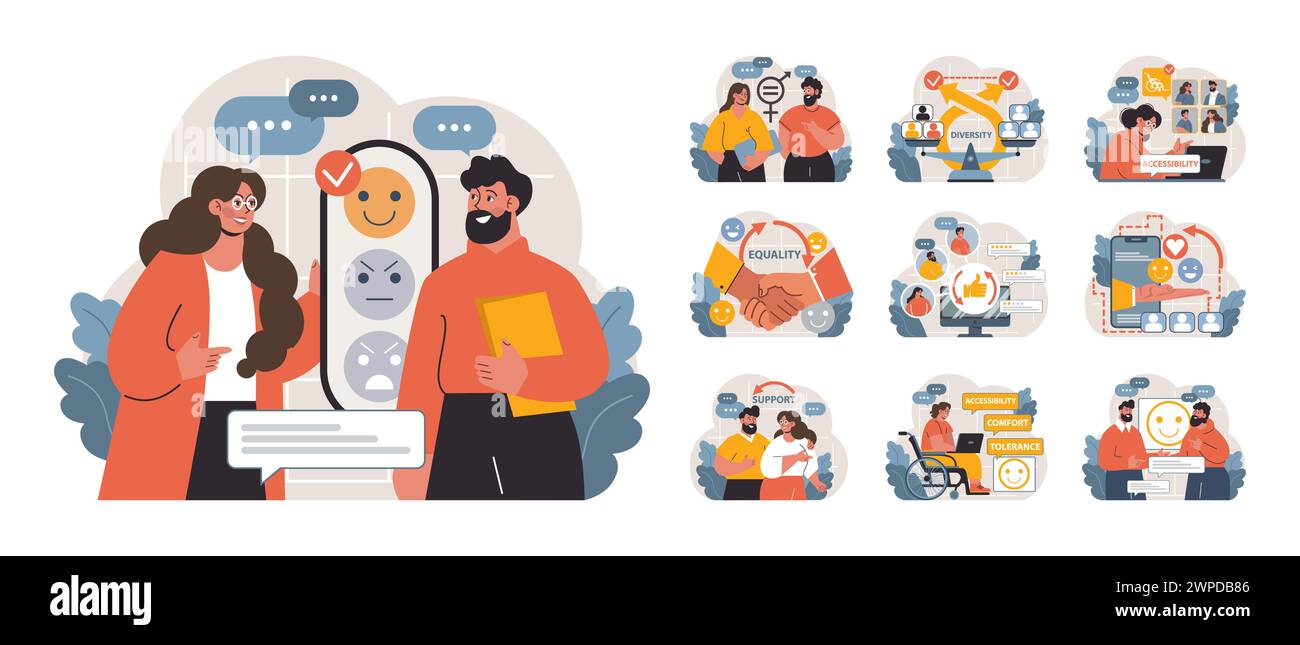 Inclusion at Work set. Professionals collaborate on projects, promote ... Inclusion at Work set. Professionals collaborate on projects, promote ...