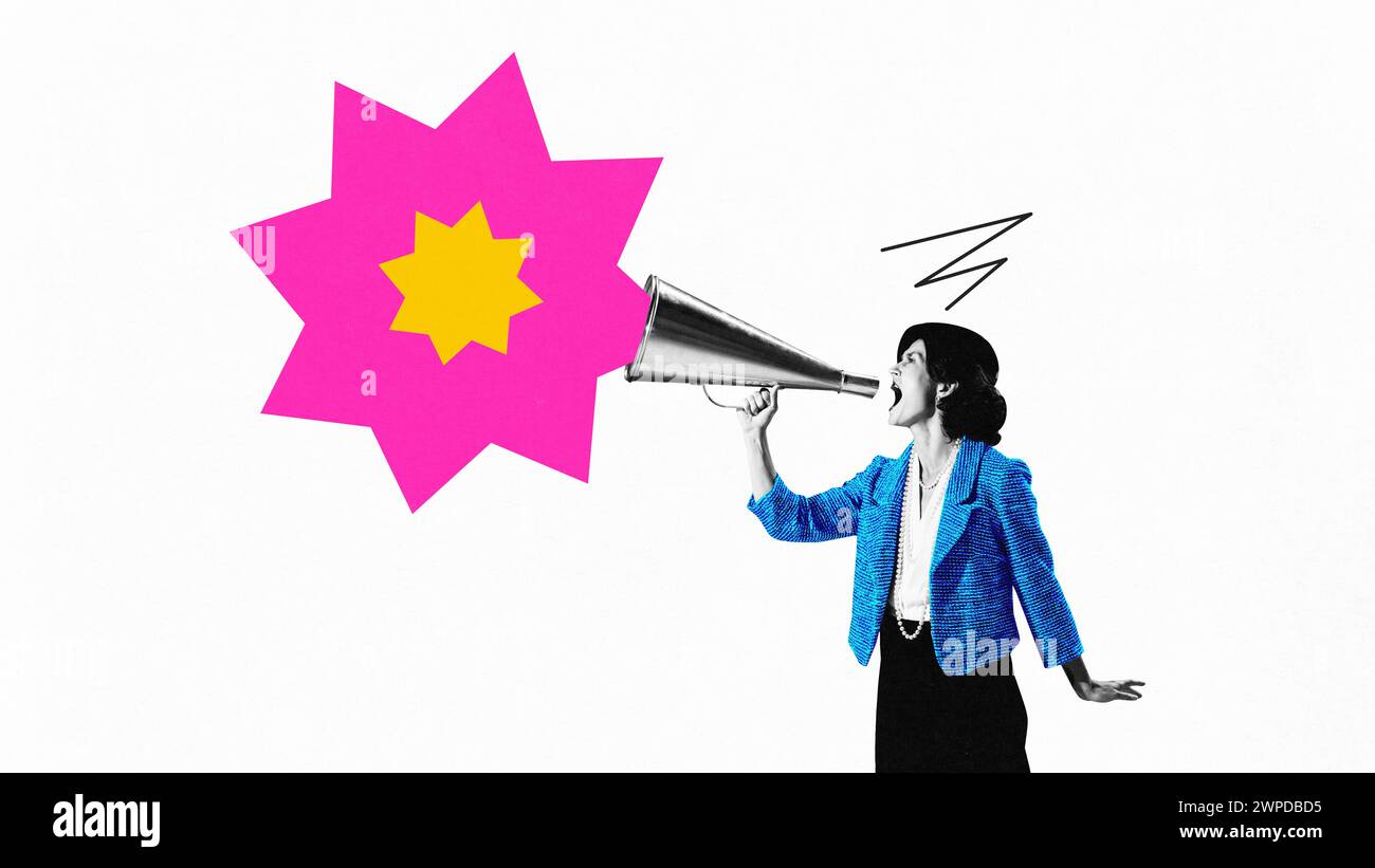 Poster. Contemporary art collage. Young woman holds megaphone and ...