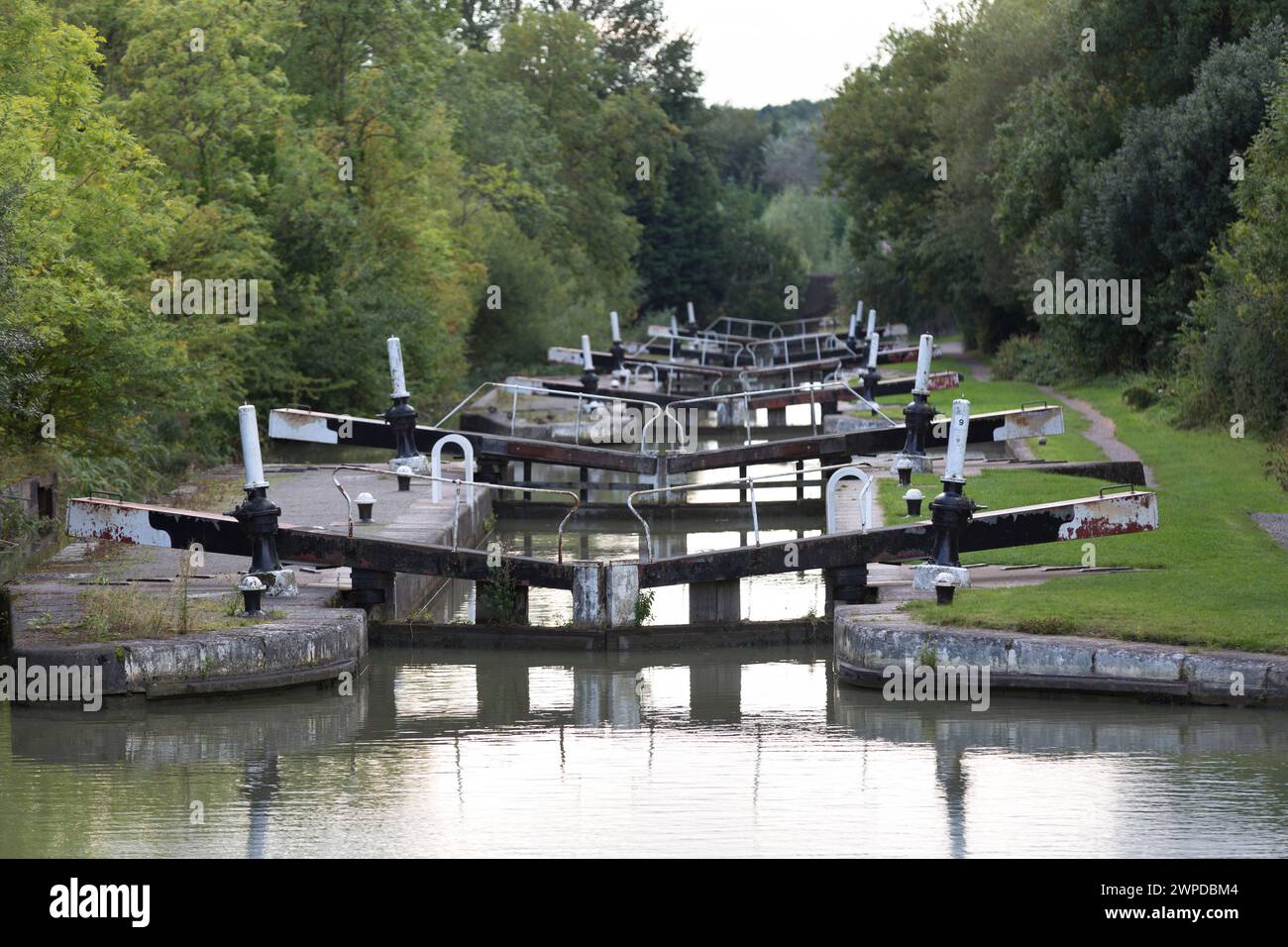 UK, Warwickshire, the Stockton staircase locks on the Grand Union canal ...