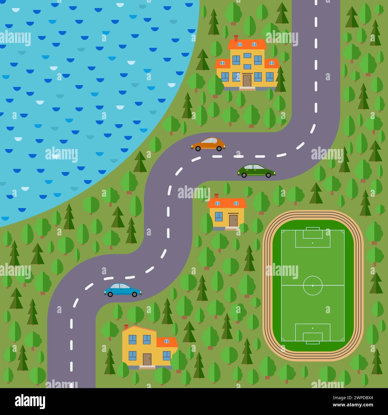 Plan of village. Landscape with the road, forest, lake, stadium, cars ...