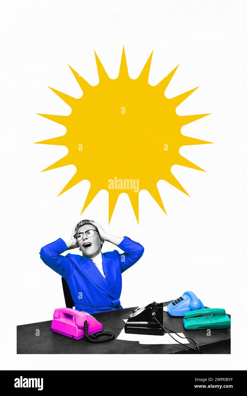 Poster. Contemporary art collage. Stressed woman at desk with phones ...