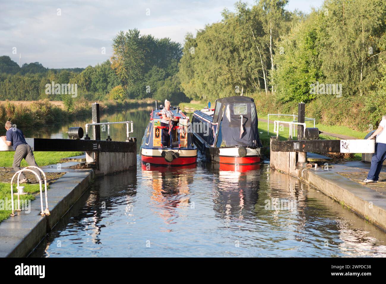 UK, Calder Grove, canal boats on the Calder and Hebble Navigation Canal ...