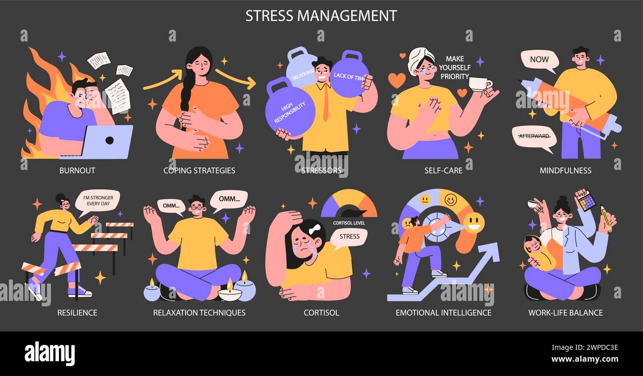 Stress management night or dark mode set. Diverse office characters ...