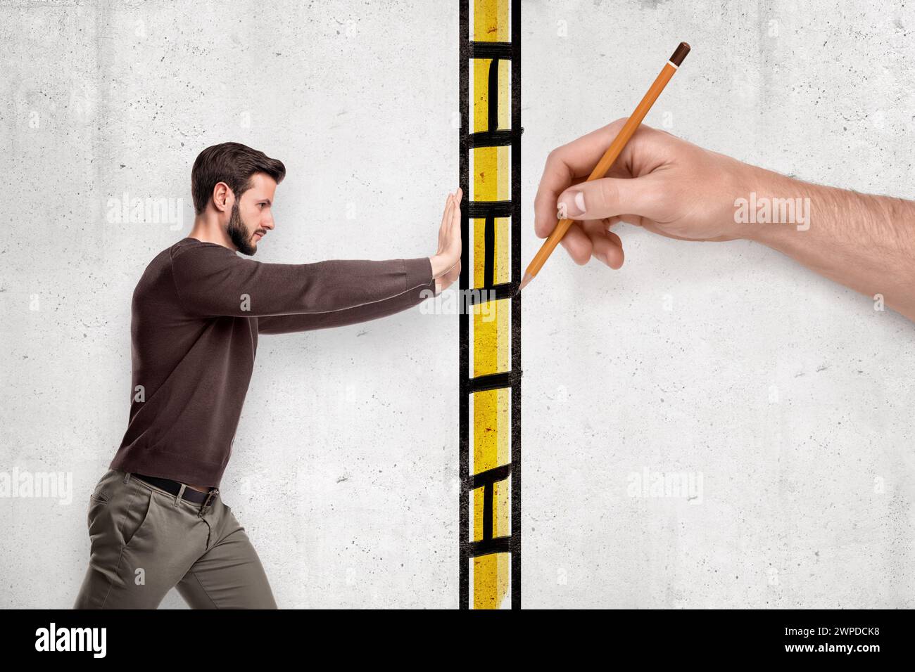 Man pushing against drawn traffic barrier Stock Photo - Alamy