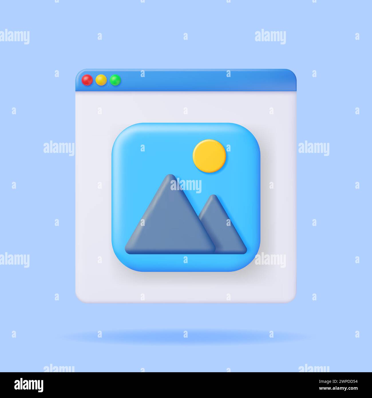 3D Gallery Icon in Browser Window Isolated. Minimal Mountains with Sun Under Blue Sky. Cartoon ...