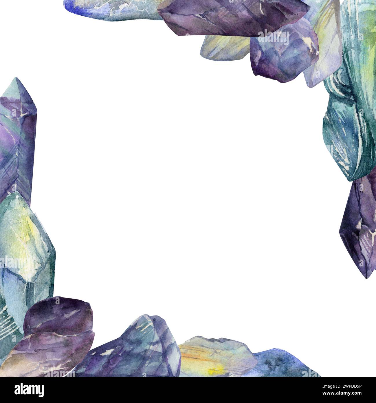 Hand drawn watercolor illustration precious jewel gem crystal chakra ...