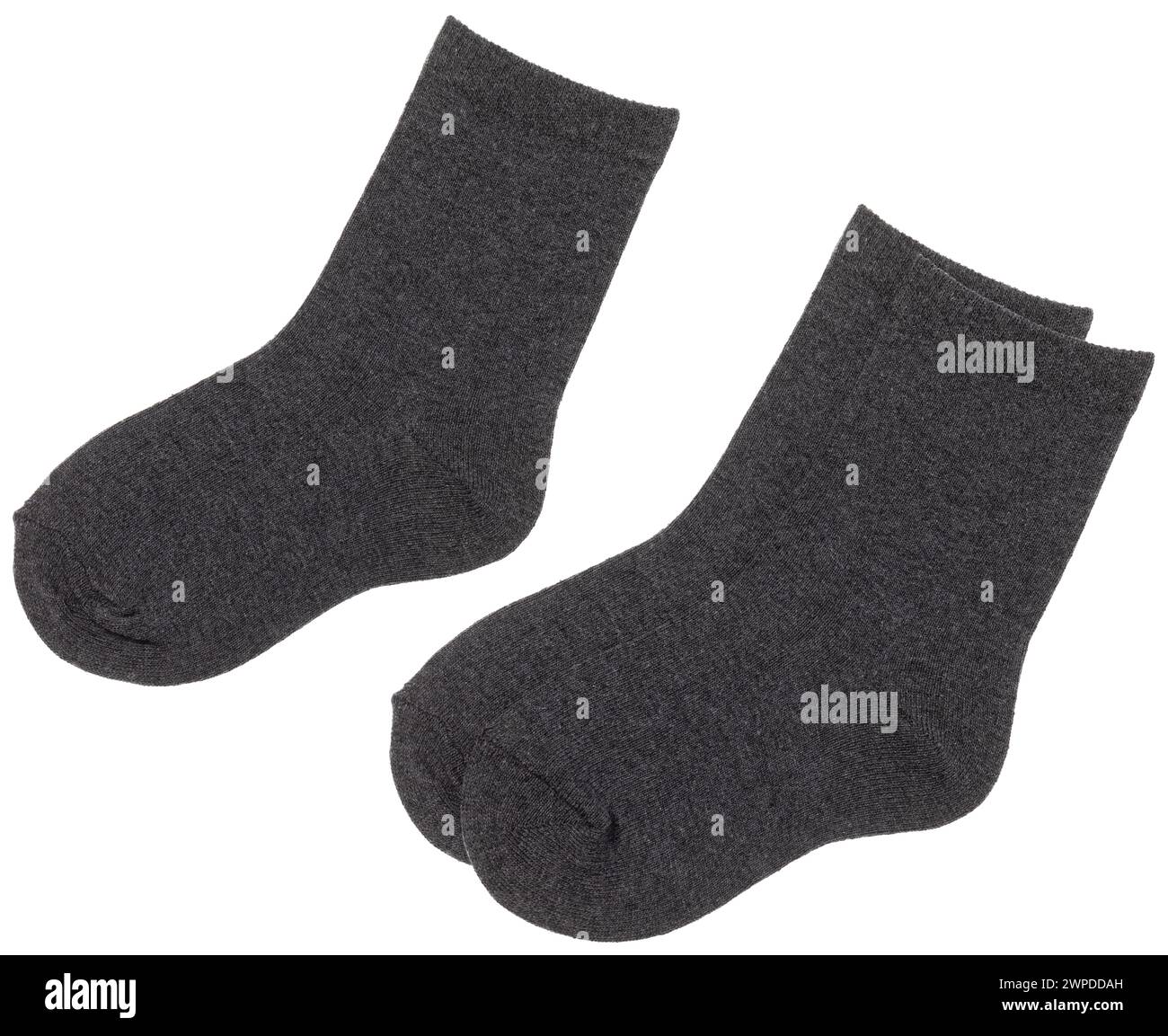 Simple plain charcoal grey crew socks for children flat lay isolated on ...