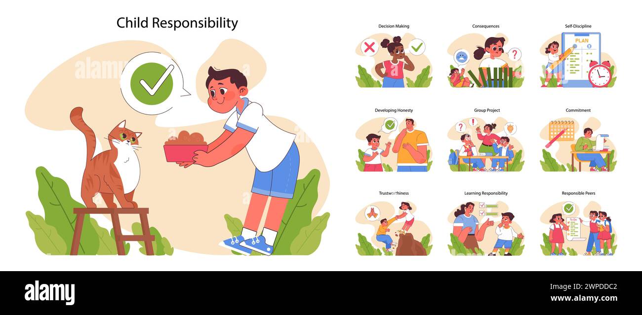 Child Responsibility concept. Teaching kids daily tasks, honest ...
