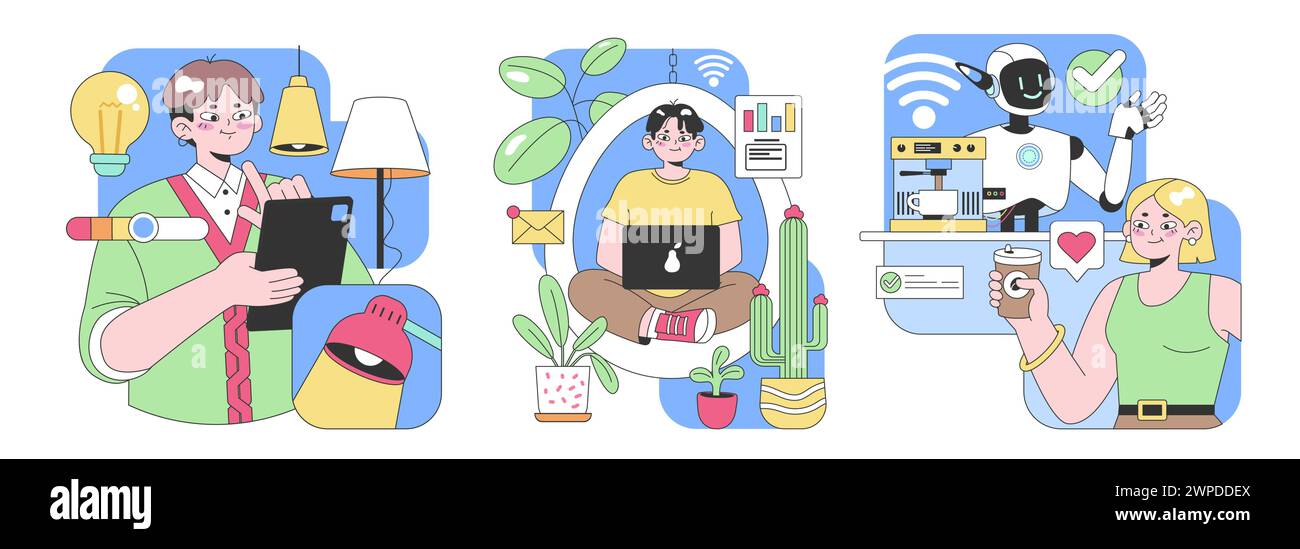 Modern Lifestyle set. People using gadgets in daily routine ...