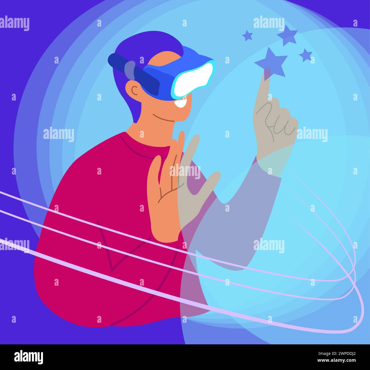 Man wearing virtual reality goggle glass, having 3d experience in virtual reality vector ...