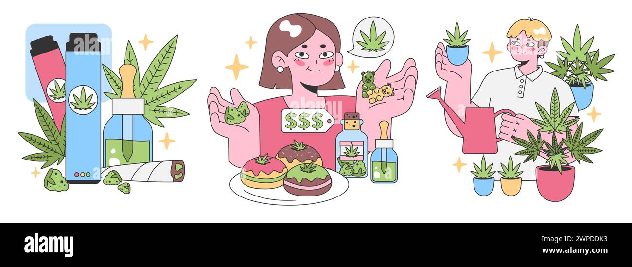 Cannabis Lifestyle set. Characters enjoy cannabis products. Vaping ...