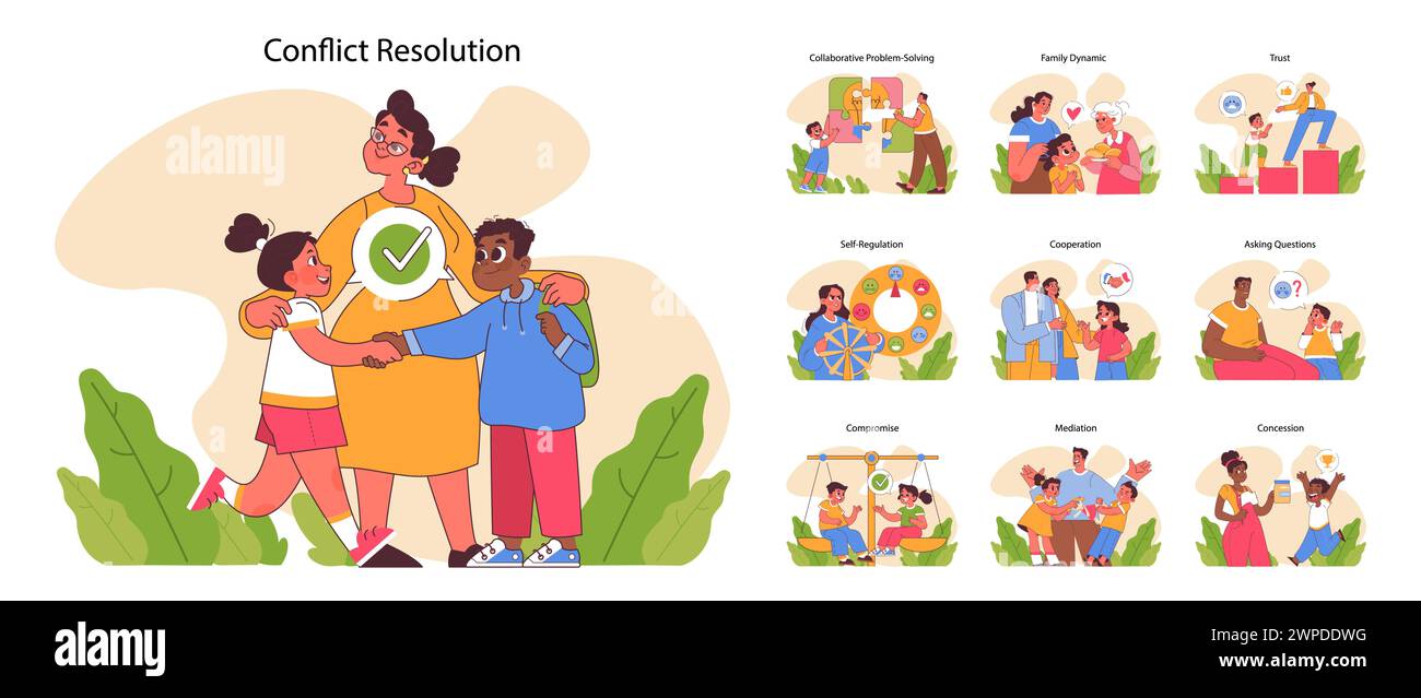 Conflict Resolution set. Harmonious interactions showcased through ...