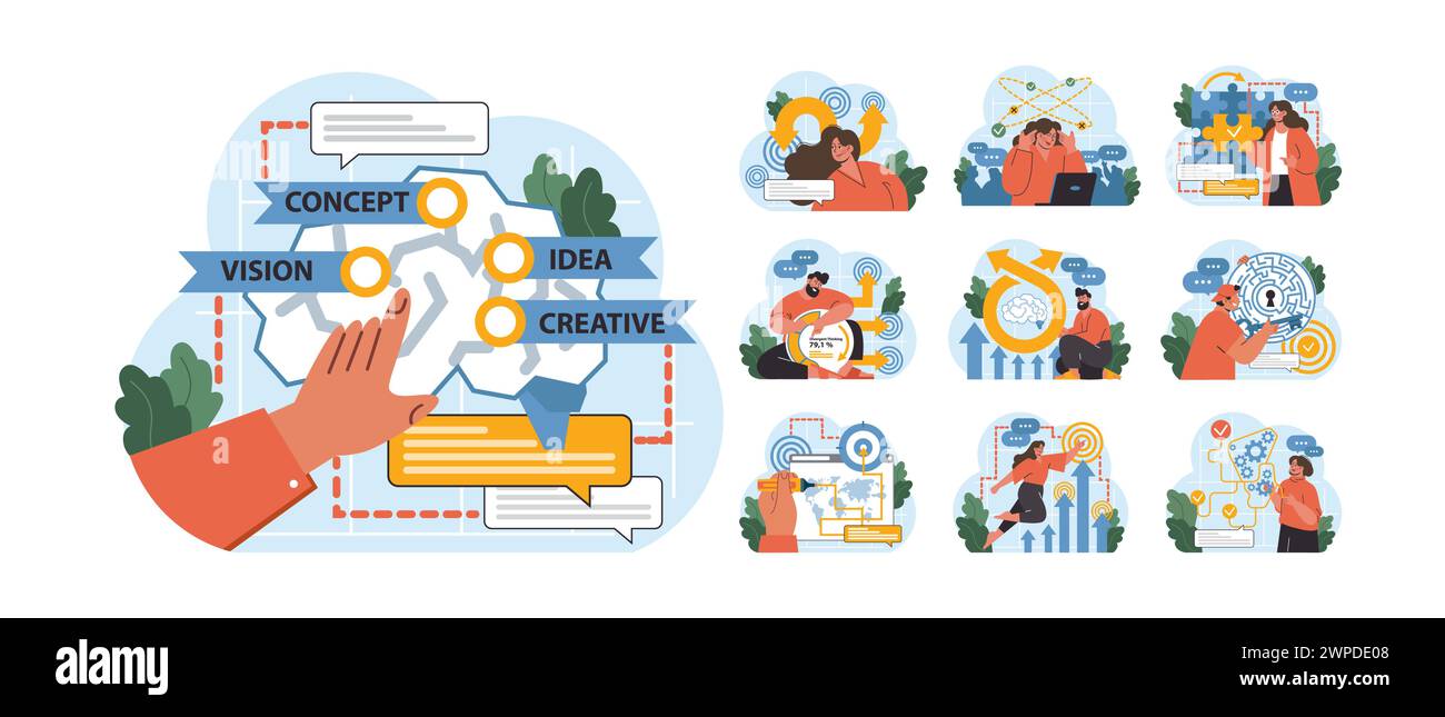 Creative Thinking set. Nurturing unique ideas, brainstorming sessions ...