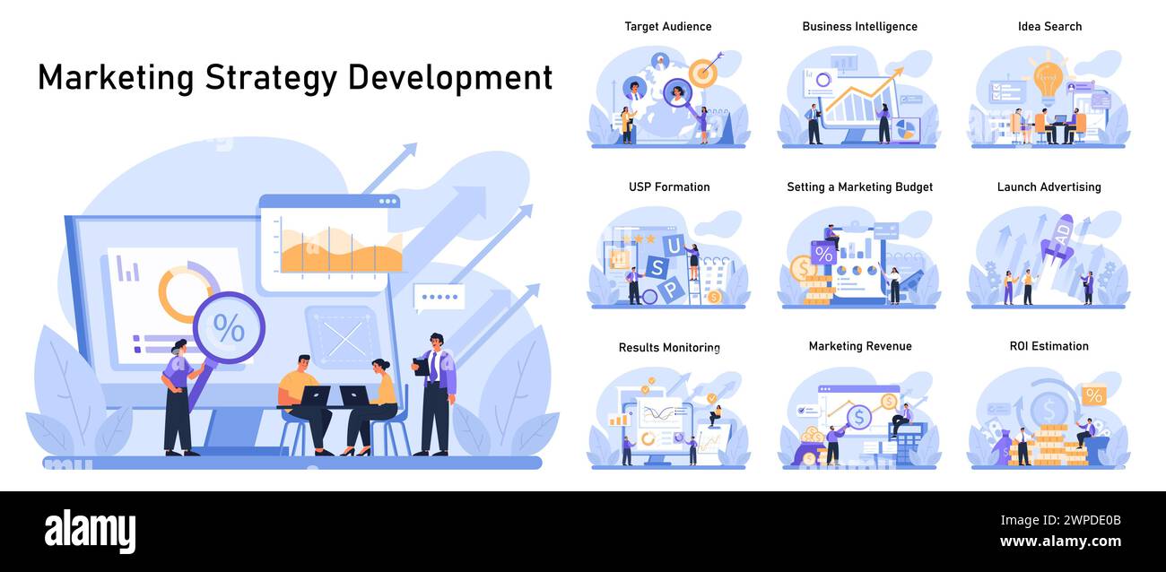 Marketing Strategy Development set. Crafting unique selling ...