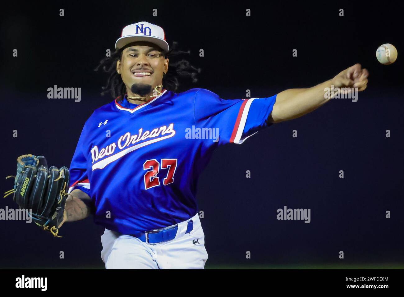 Mobile, Alabsma. 06th Mar, 2024. New Orleans pitcher Ryan Delorbe (27 ...