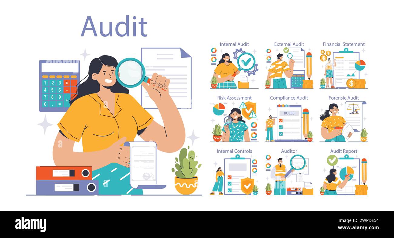 Audit set. Professionals evaluating financial records. Internal and ... Audit set. Professionals evaluating financial records. Internal and ...