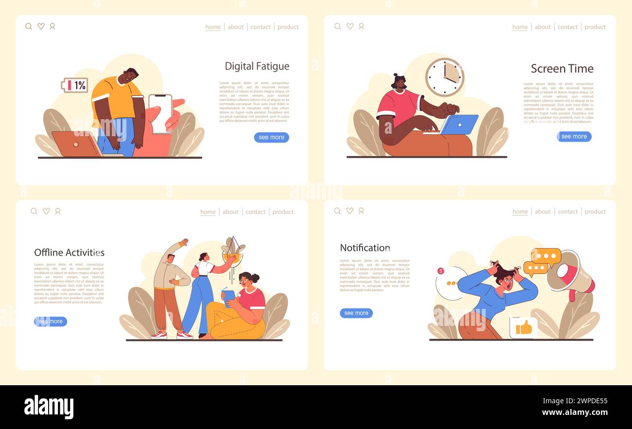 Digital detox web or landing set. Characters practicing mindfulness ...