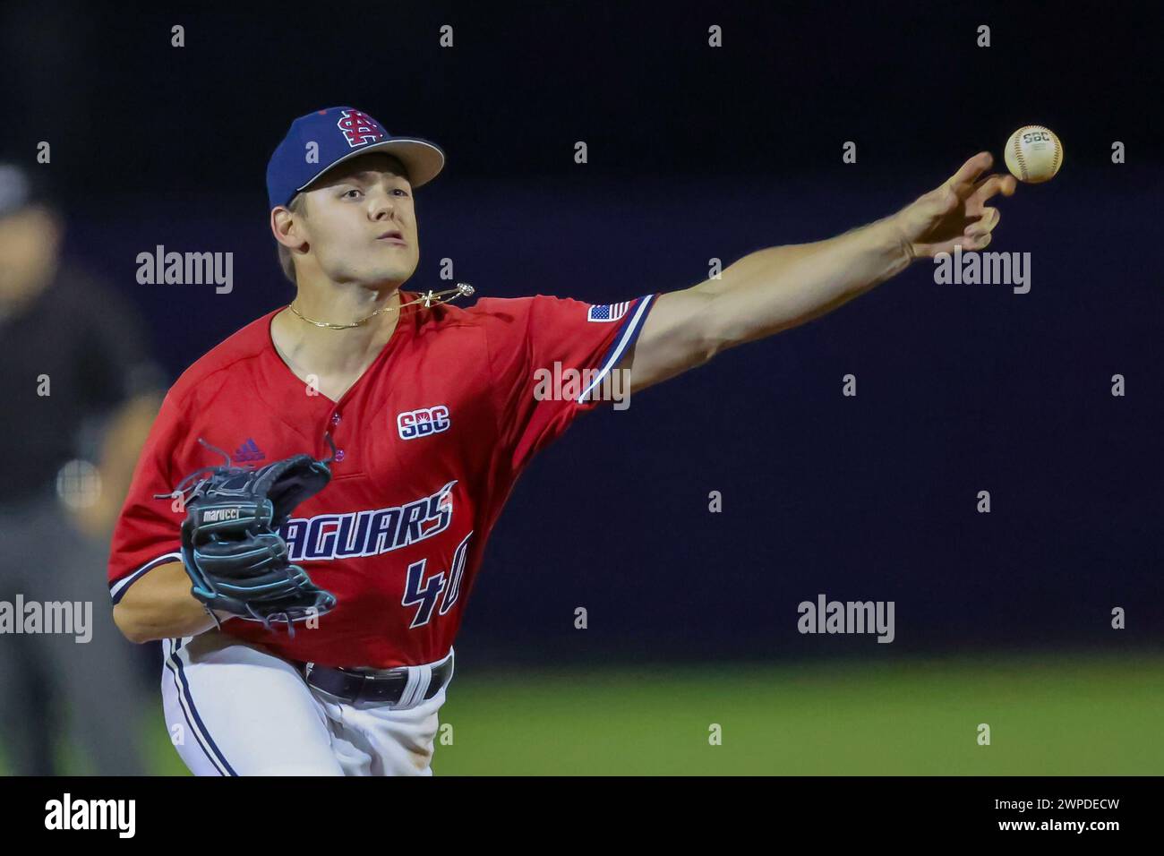 Mobile, Alabsma. 06th Mar, 2024. South Alabama pitcher Logan Wash (40 ...