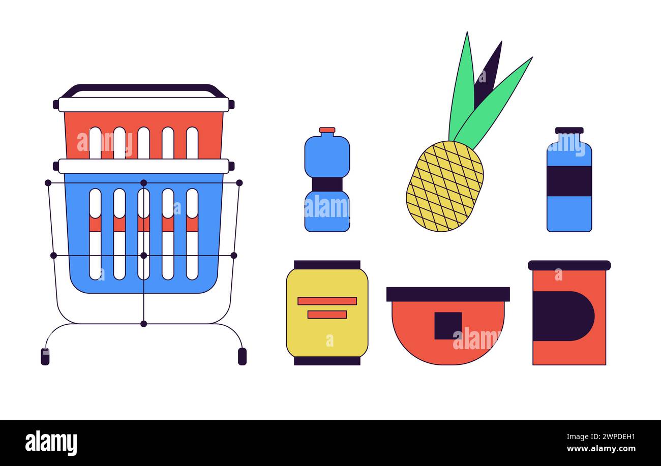 Shopping Cart Products 2d Linear Cartoon Objects Set Stock Vector Image And Art Alamy