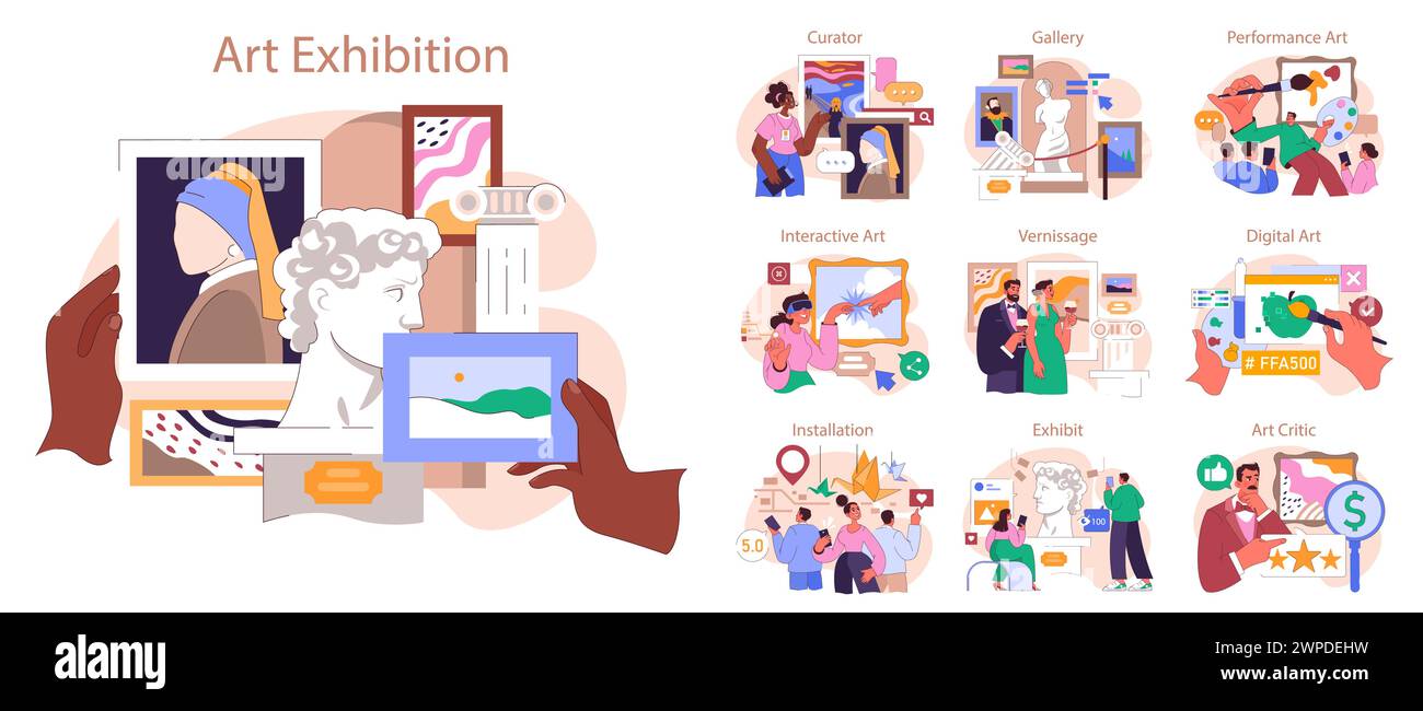 Museum or art gallery exhibition set. Visitors exploring diverse ...