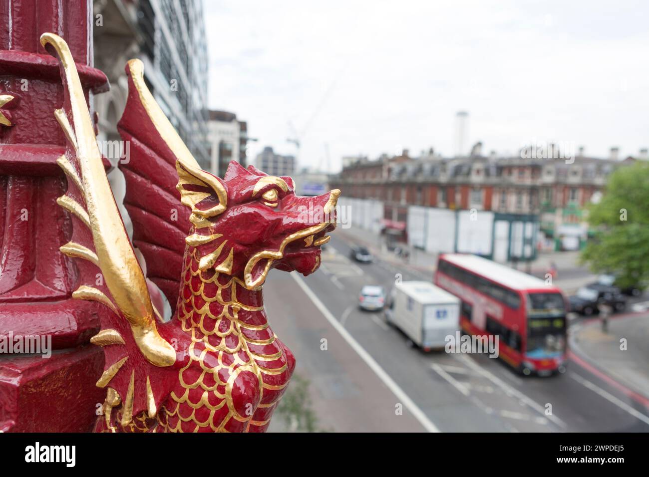 UK, London, Holborne Viaduct bridge - ornate red dragon street lights ...