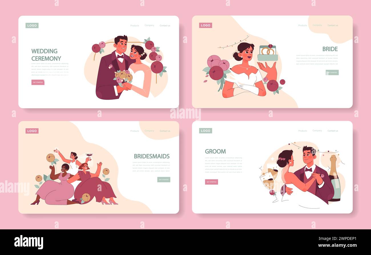 Wedding Day set. Newlywed couple in love, cheerful bride with cake ...