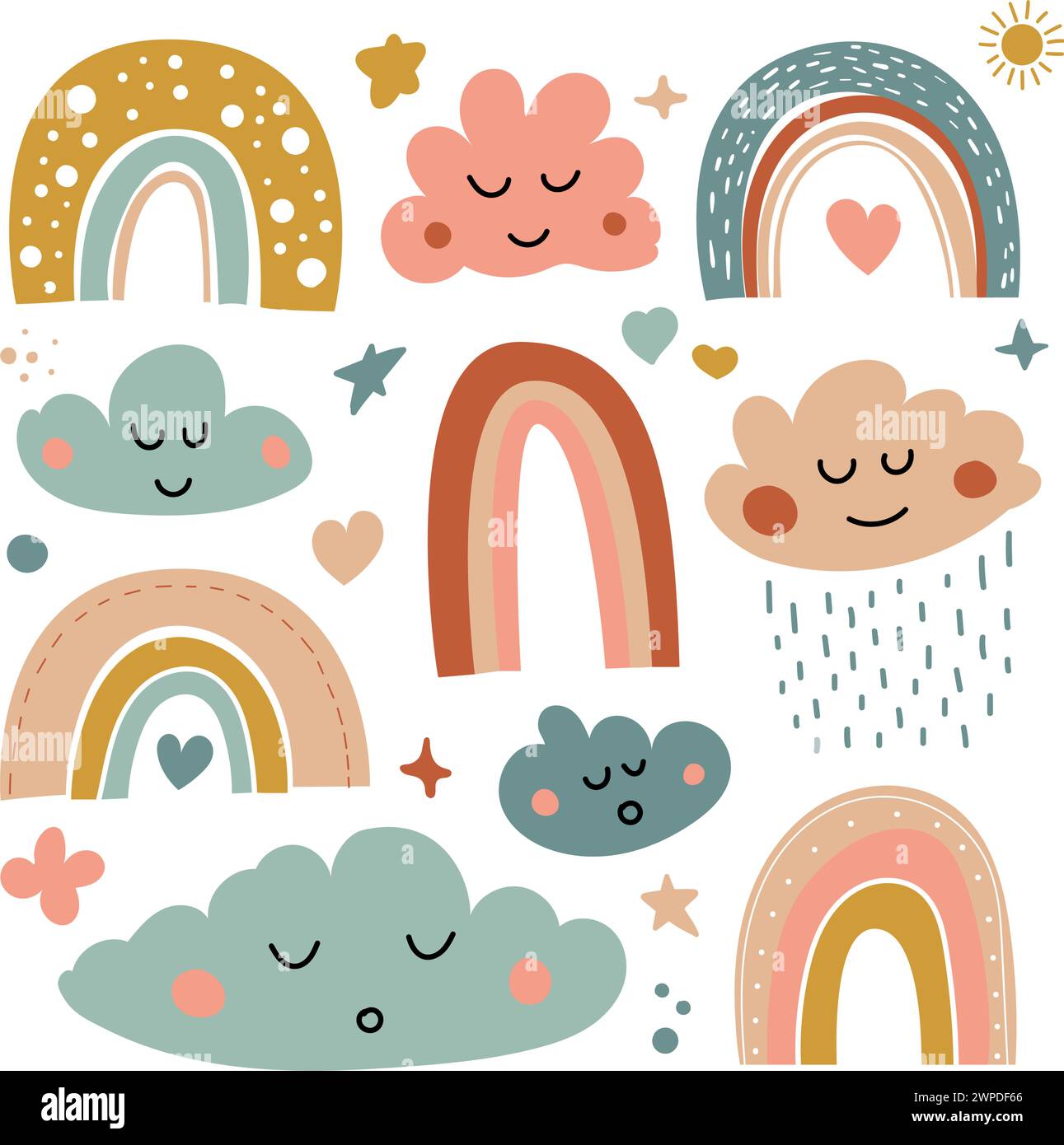Rainbows, stars, sun, a set of vector hand drawn illustration with boho ...