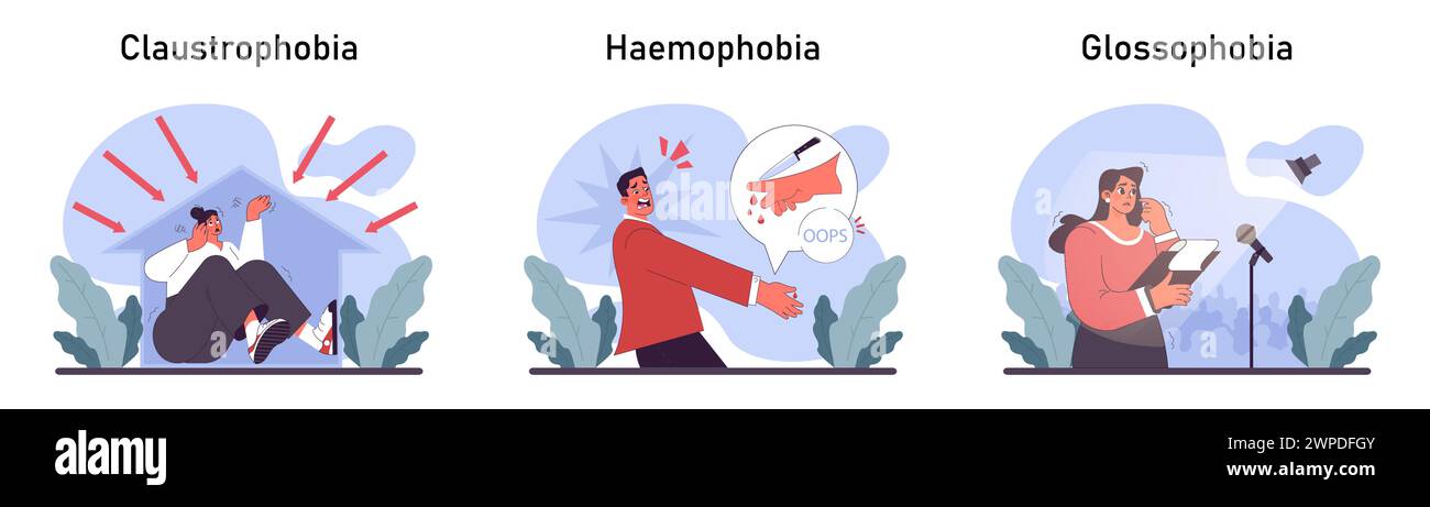 Phobia set. Human's irrational inner fears and panic. Mental disorder ...