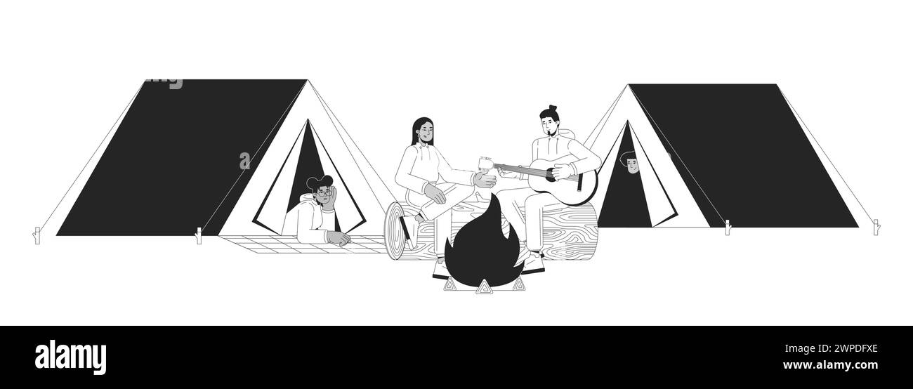 Bonfire friends camping tents black and white 2D line cartoon ...